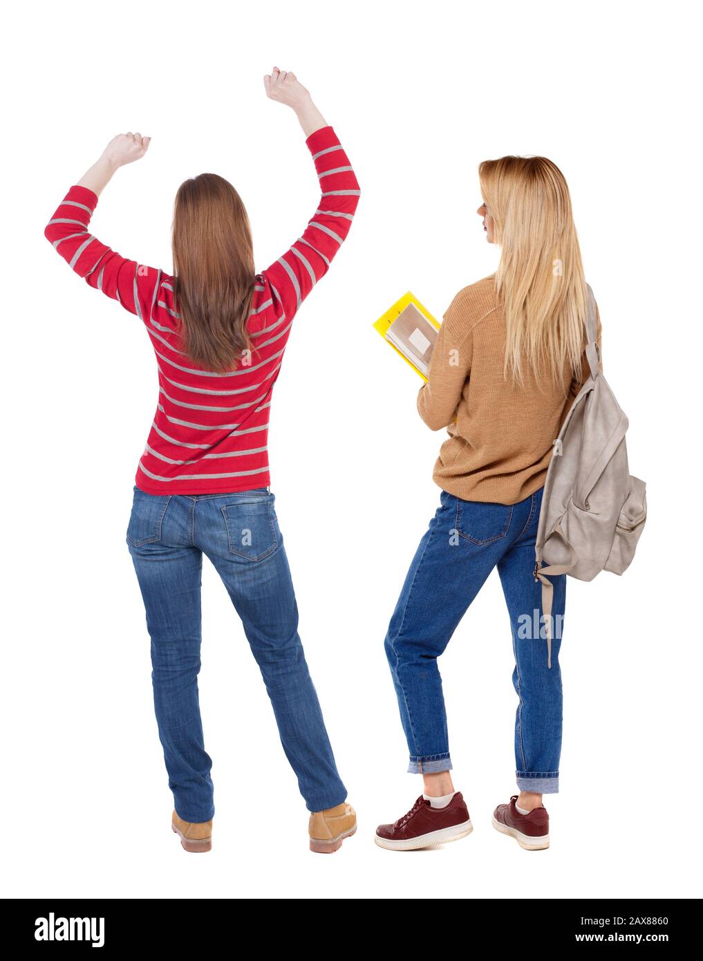 Back view of two woman in sweater. beautiful friendly girl and guy ...