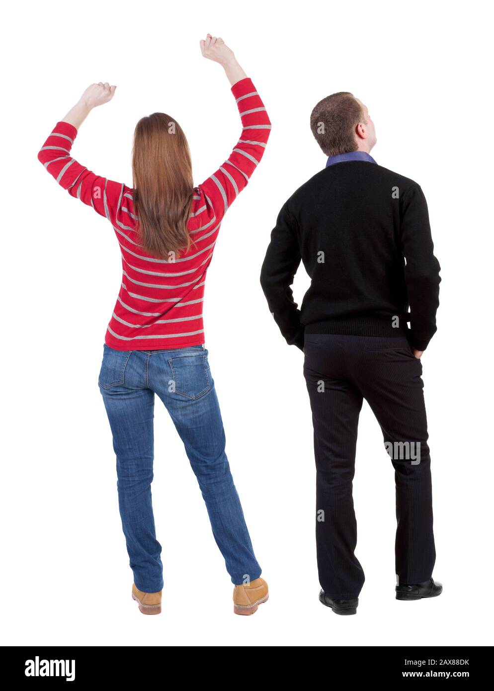 Back view of couple in sweater. beautiful friendly girl and guy ...