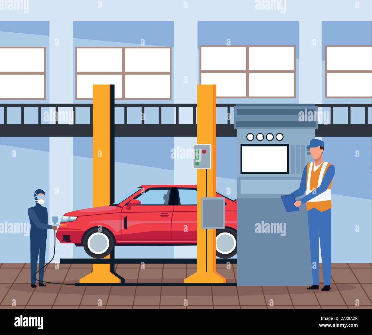 car workshop scenery with man painting red a lifted car and mechanic ...