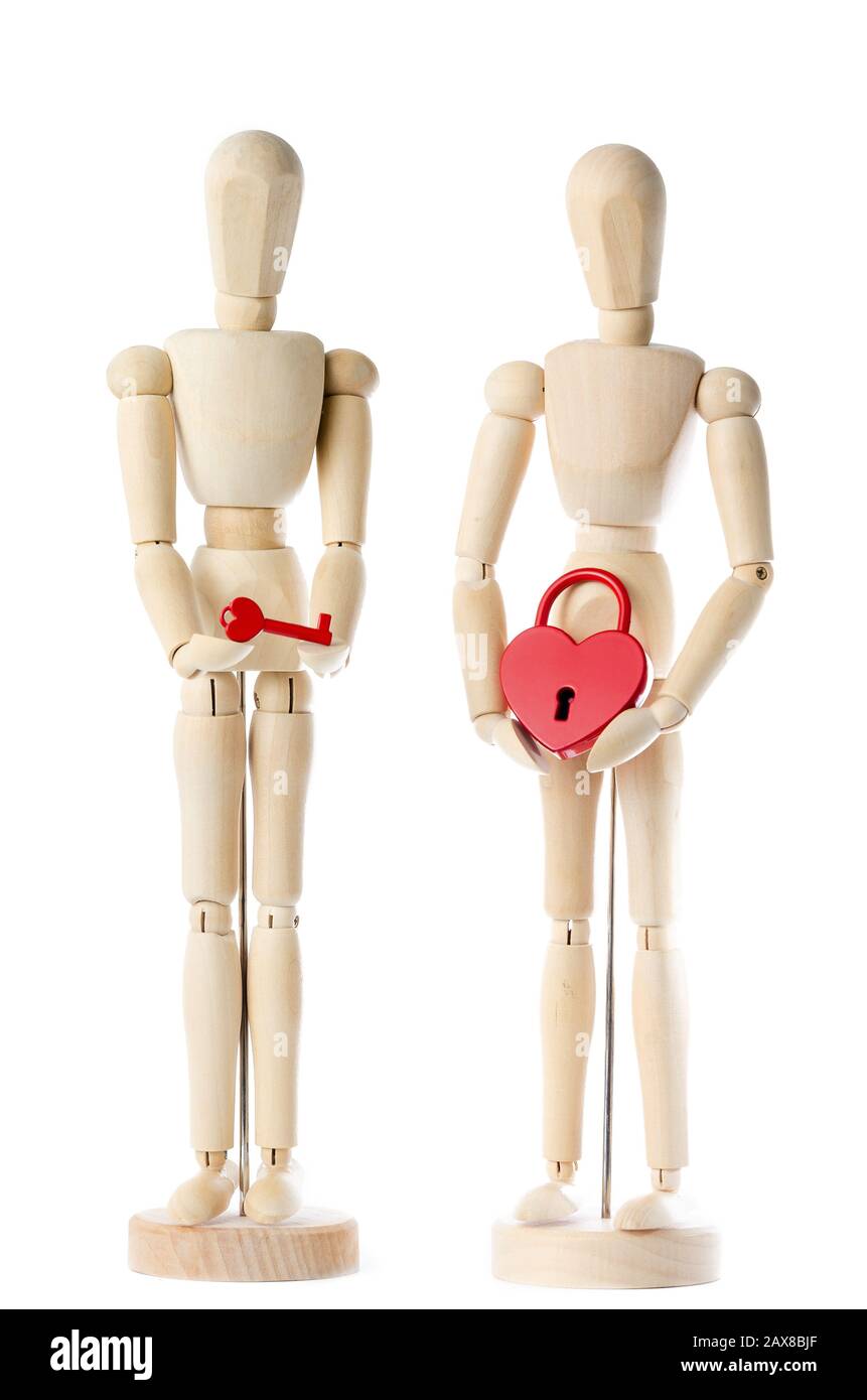 couple of dummy with heart padlock and key isolated on white background ...