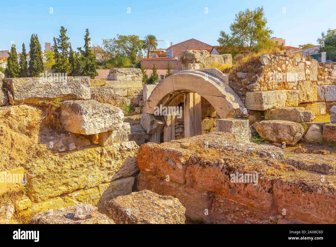Athens, Greece arch and remains of ancient Kerameikos Quarter ruins ...