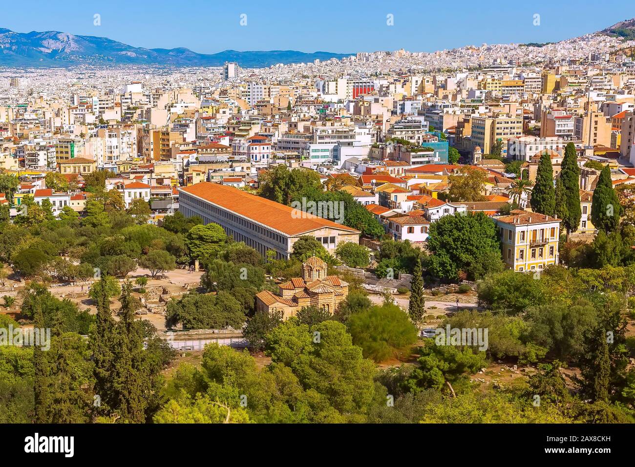 Athens, Greece aerial view of the Stoa of Attalos and the Church of the ...