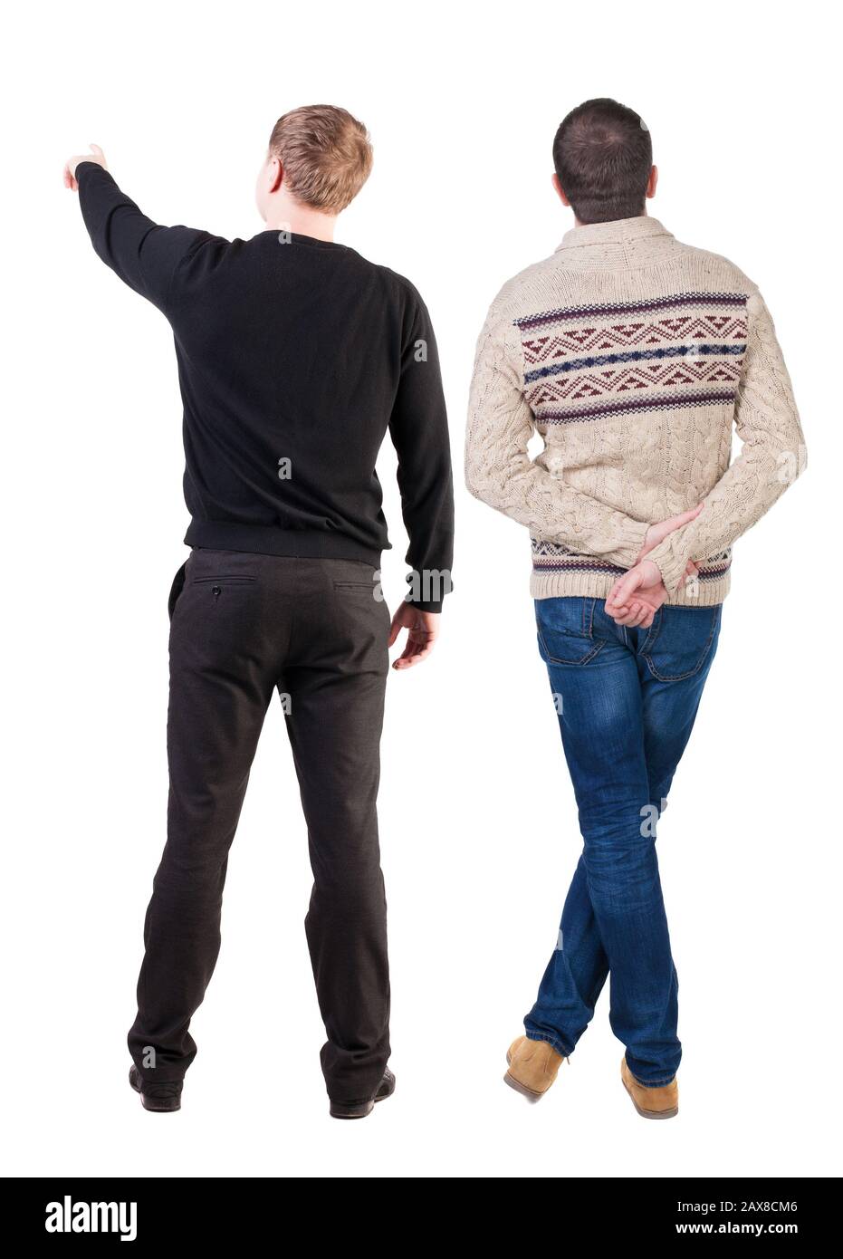 Back view of two man in sweater pointing. Rear view people collection ...
