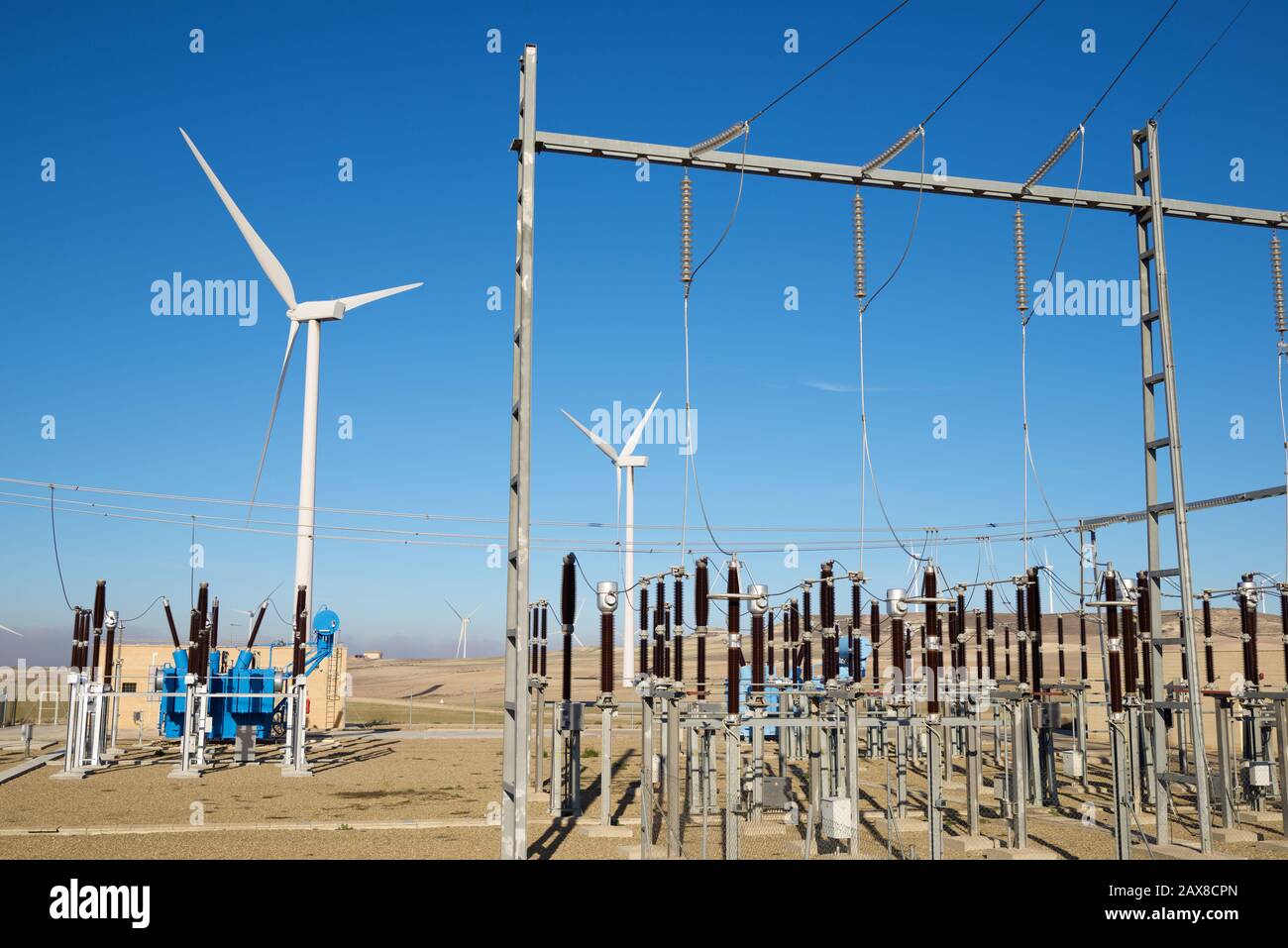 Windmills and electrical substation, Zaragoza province, Aragon, Spain ...