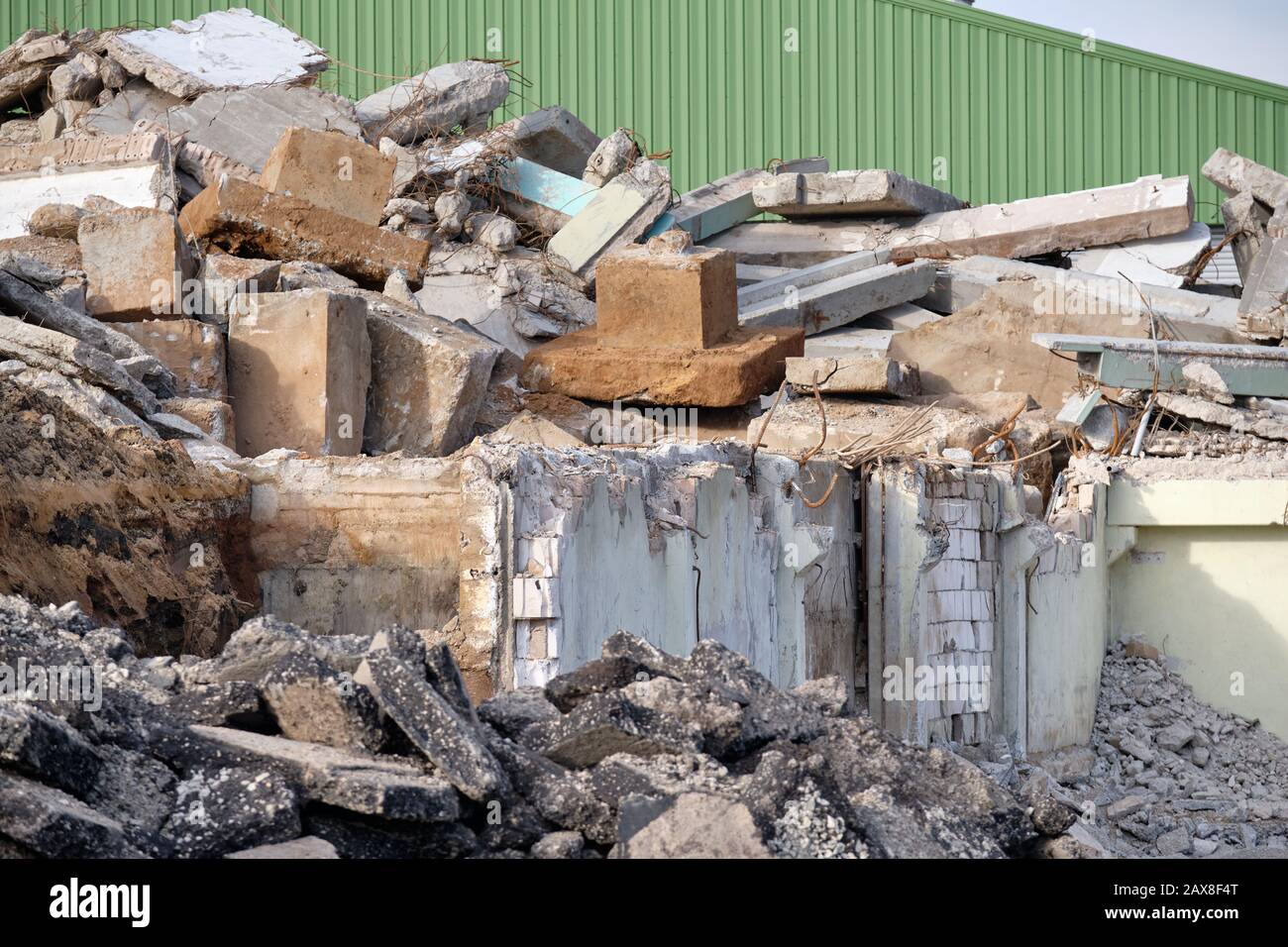 Close-up of demolitioned industrial building with the rubble lying ...