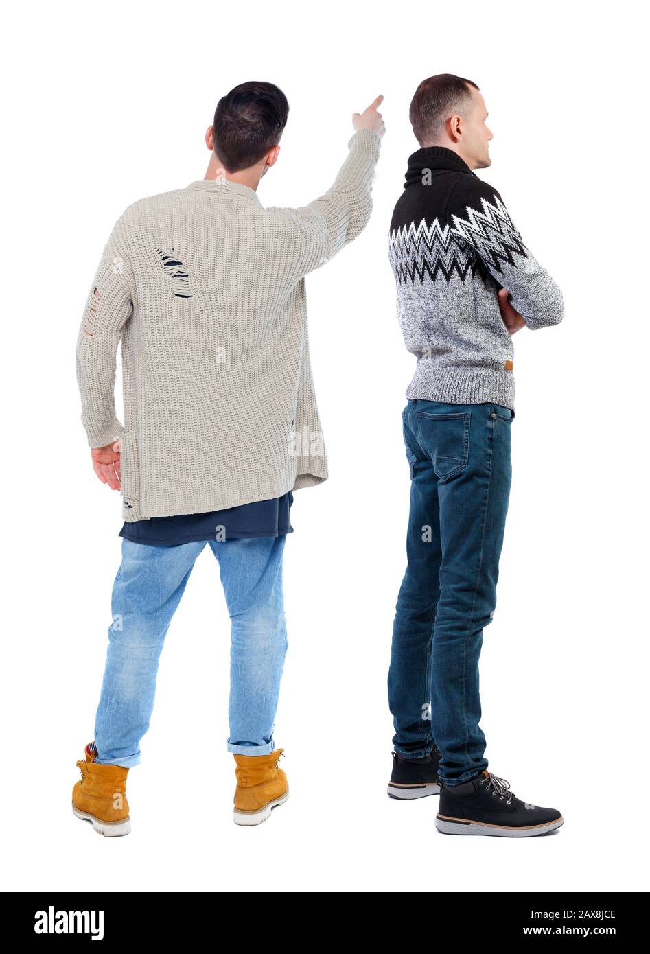 Back view of two man in sweater pointing. Rear view people collection ...