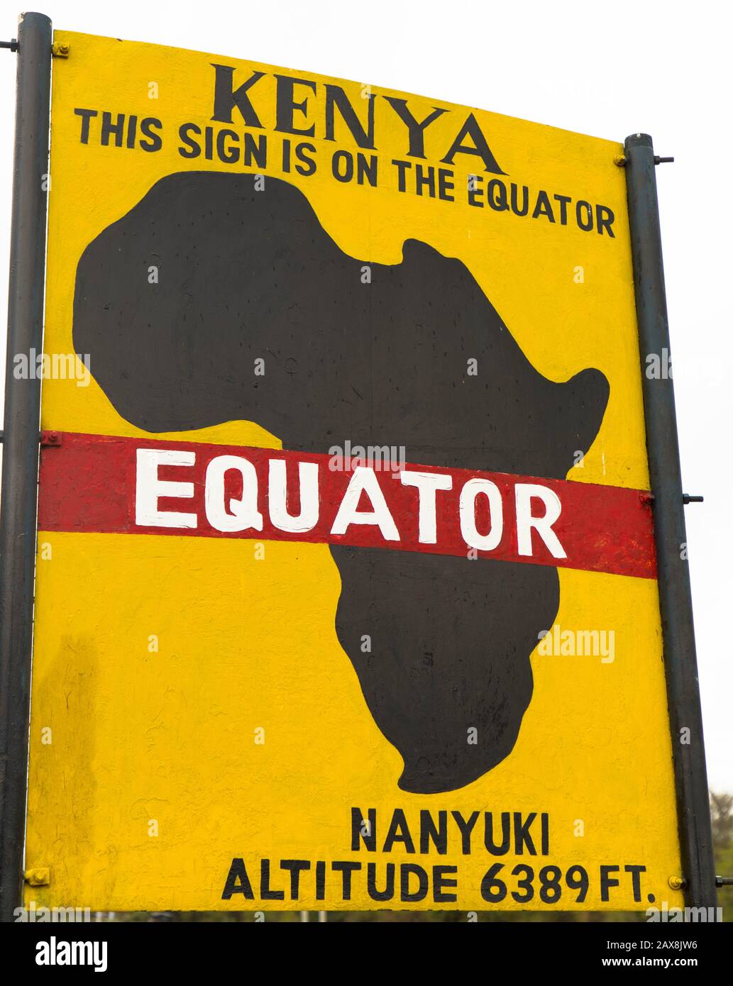 Sign marking the equator line dividing north and south hemispheres ...