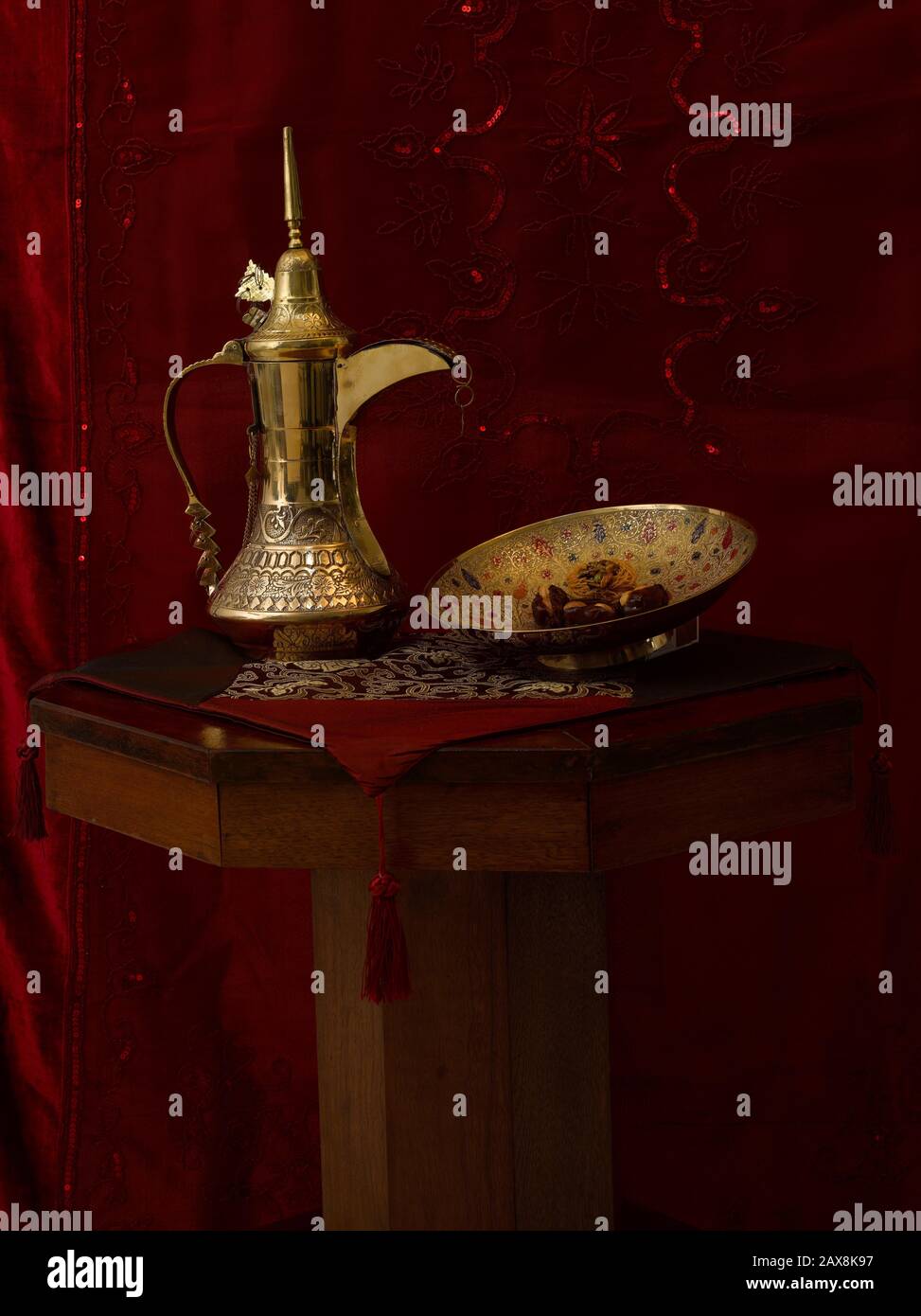 After meal Arabian delicacies, dates & Gawa (Arabian coffee Stock Photo ...