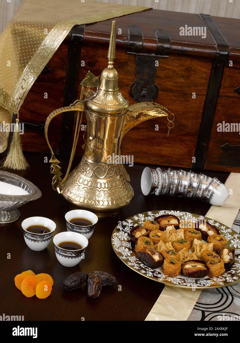 After meal Arabian delicacies, dates & Gawa (Arabian coffee Stock Photo ...