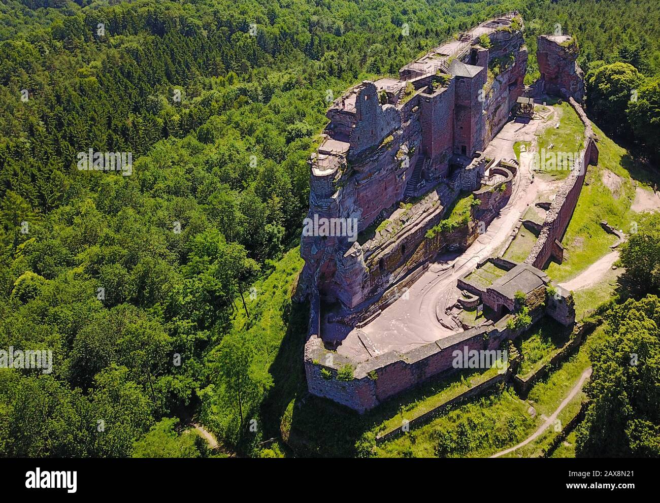 Aerial view of the Fleckenstein castle in the middle of the forest ...