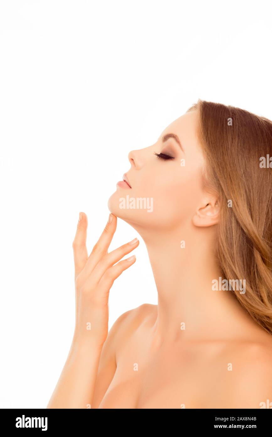Side view portrait of beautiful sensitive woman touching her neck Stock ...