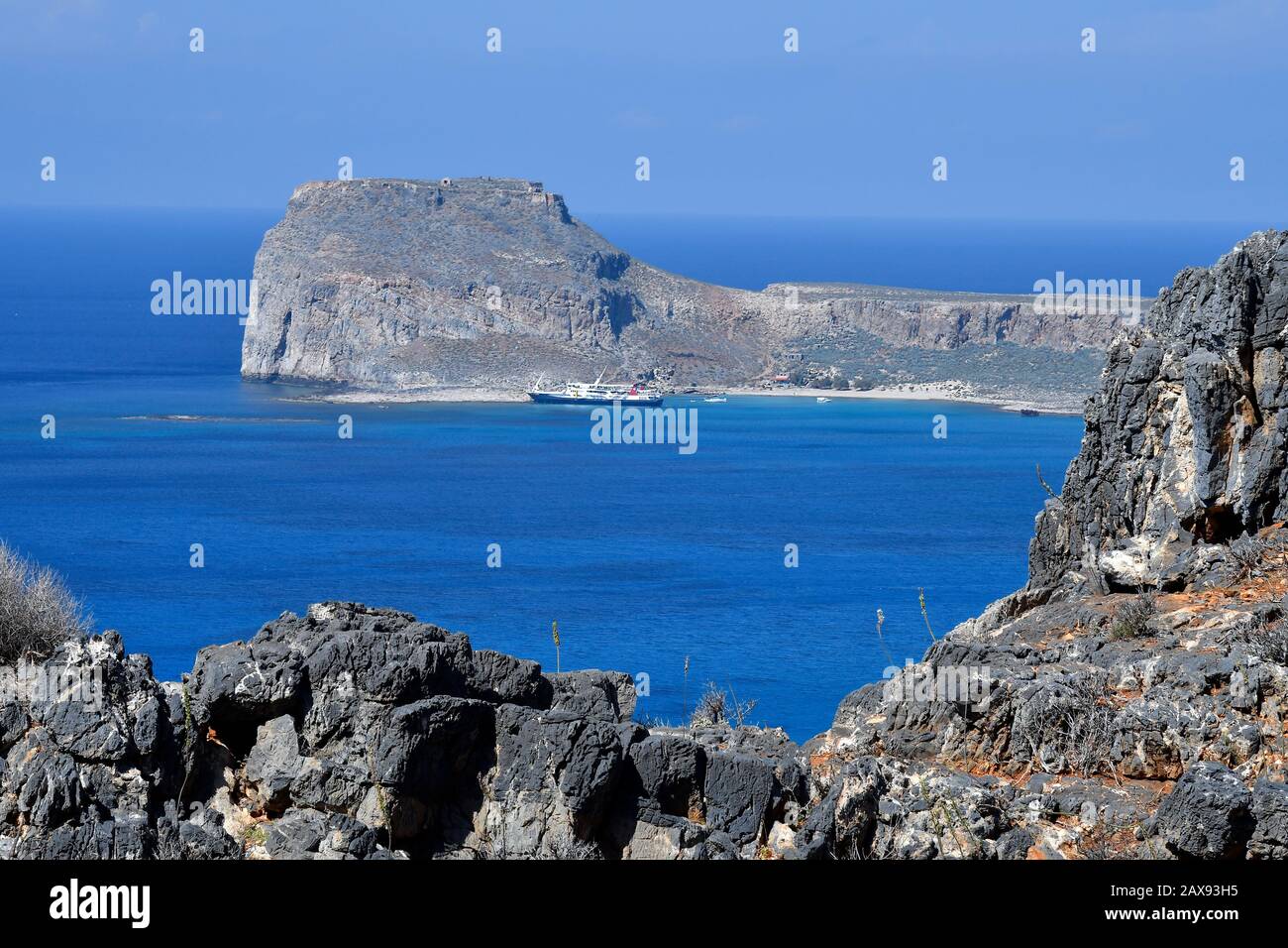 Greece, Gramvousa island with fortress, view from Balos lagoon near ...
