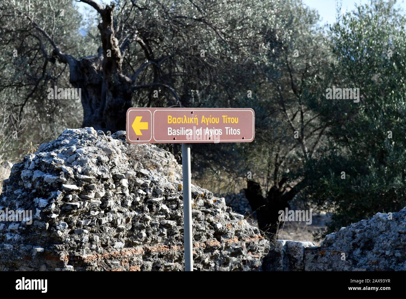 Greece, Crete Island, direction sign to ancient apostles Titus Basilica ...