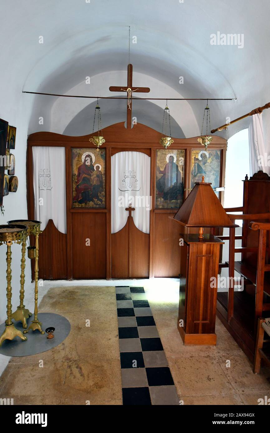 Greece, inside the tiny chapel in ancient Minoan site of Aptera on ...