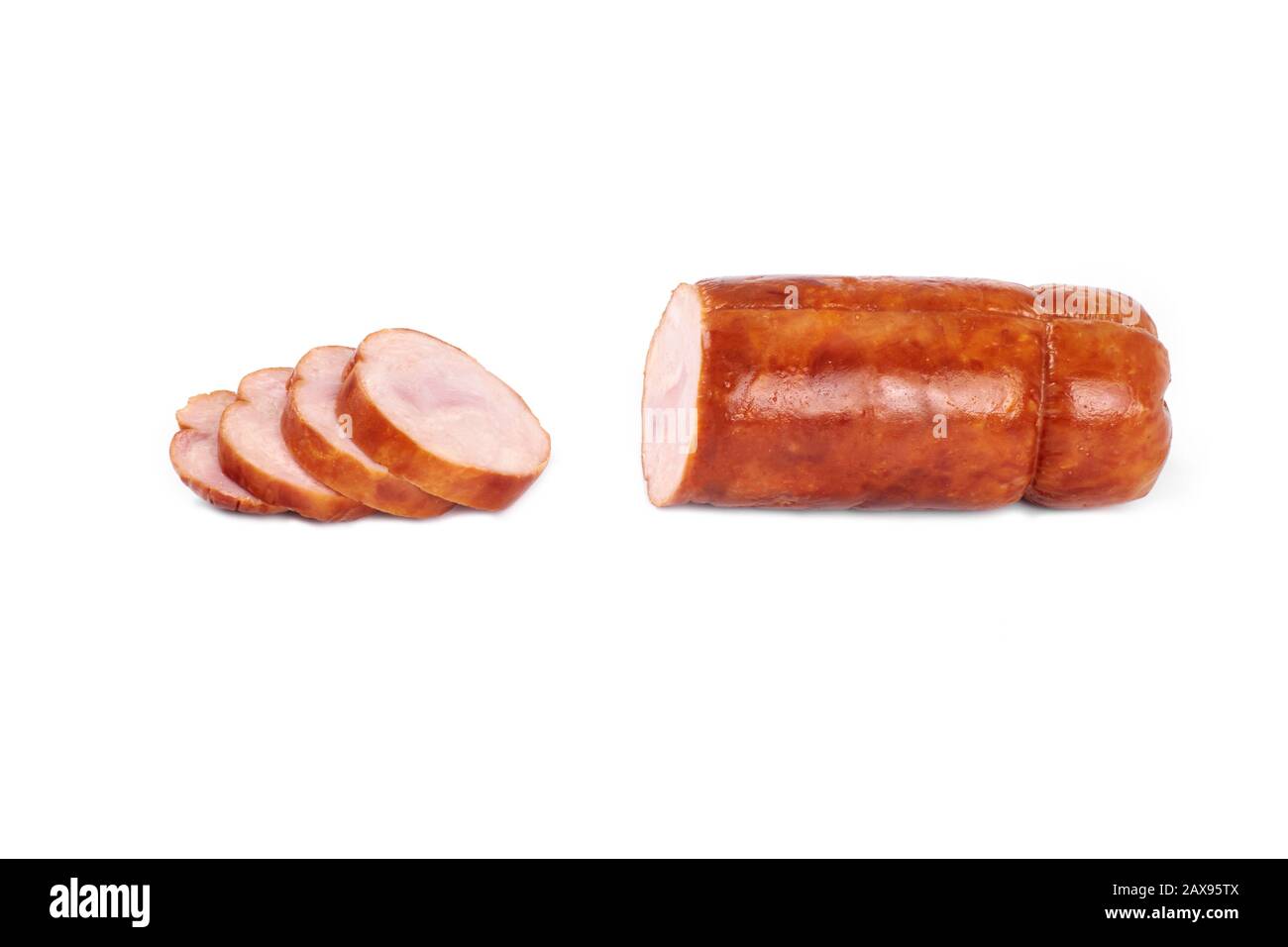 Chicken ham, and slices of tasty chicken meat , isolated on white ...