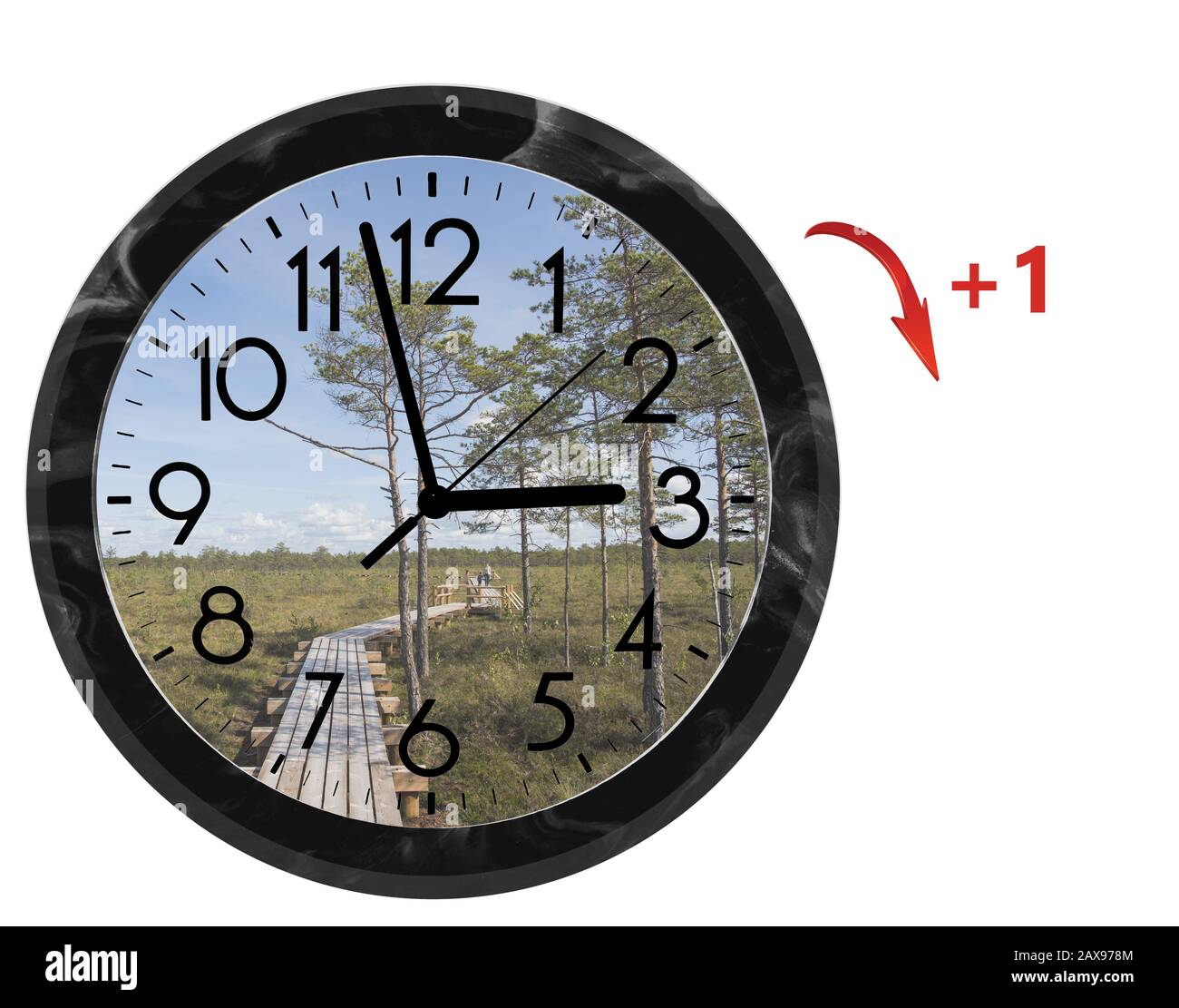 Daylight Saving Time (DST). Wall Clock going to summer time (+1). Turn ...