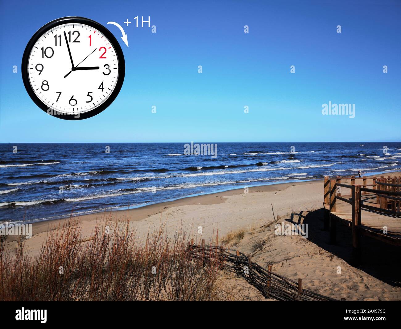 Daylight Saving Time (DST). Blue sky with white clouds and clock. Turn ...