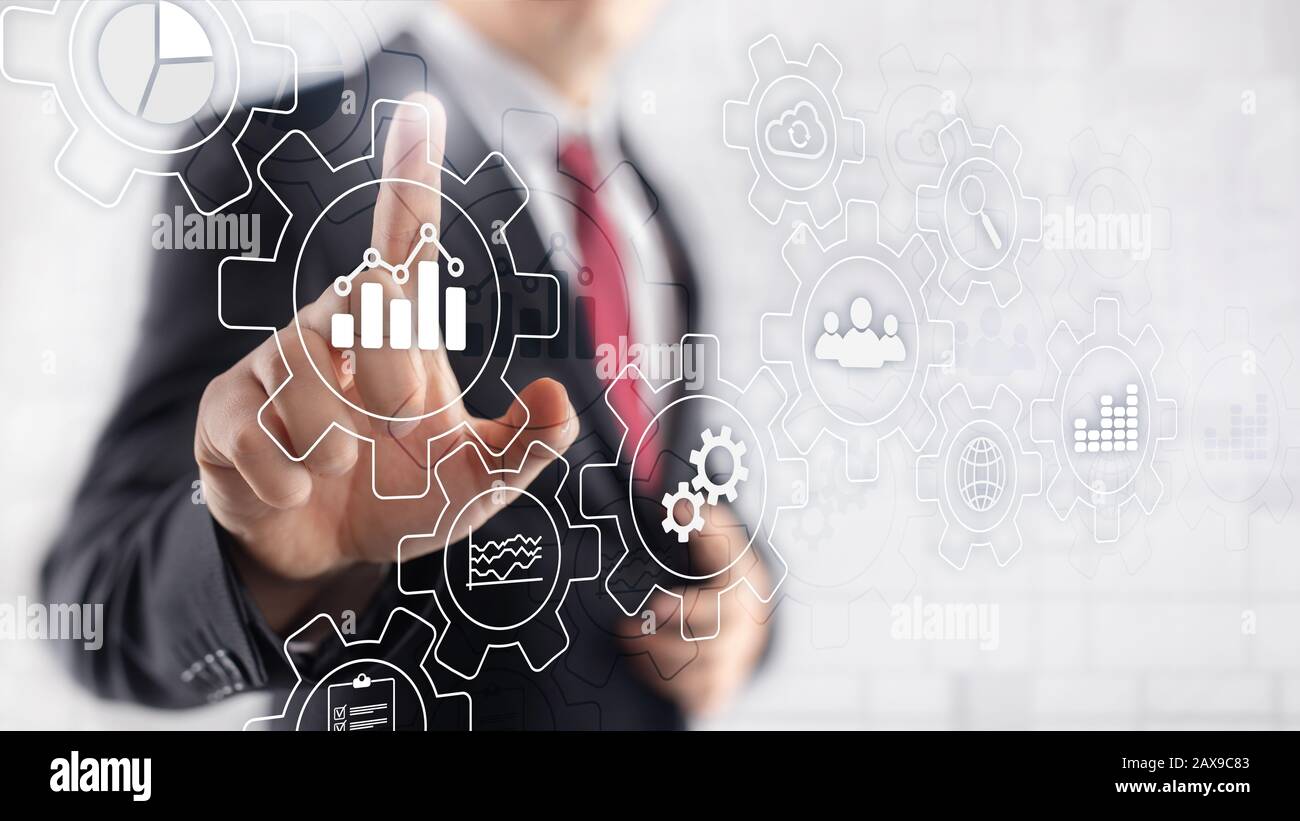 Business process abstract diagram with gears and icons. Workflow and ...