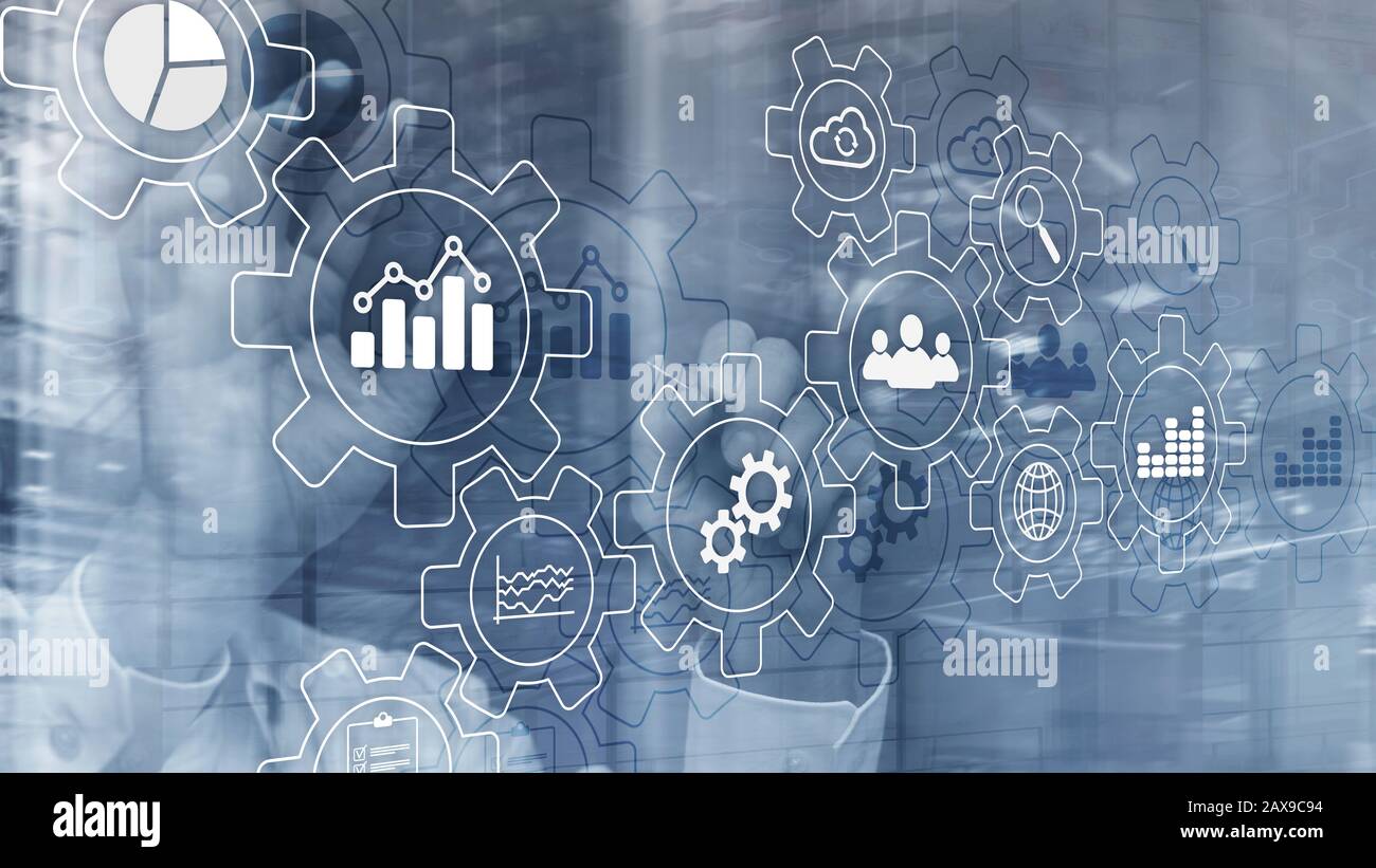 Business process abstract diagram with gears and icons. Workflow and ...