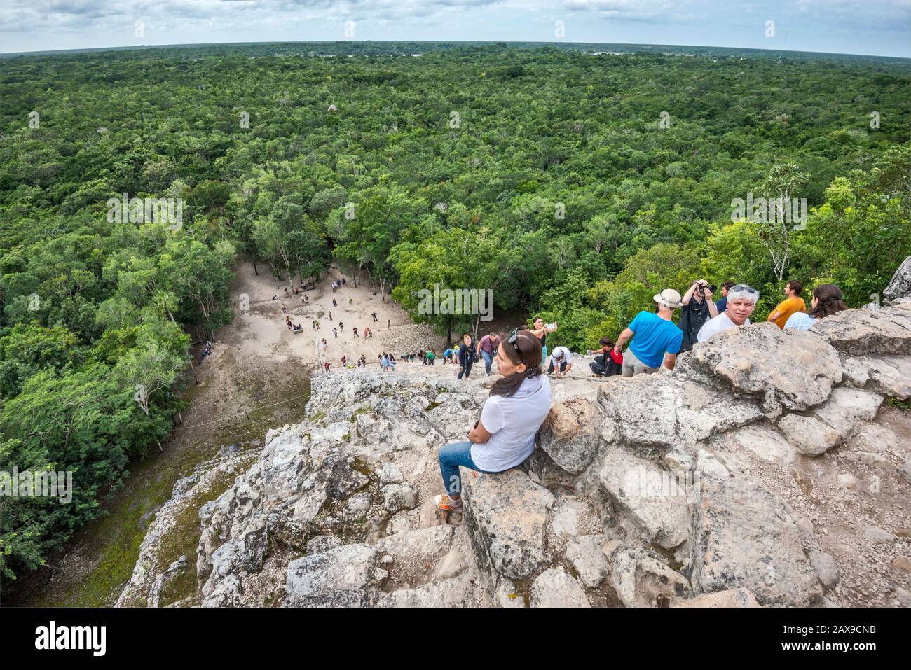View of rainforest jungle from top of Nohoch Mul pyramid, Coba ...