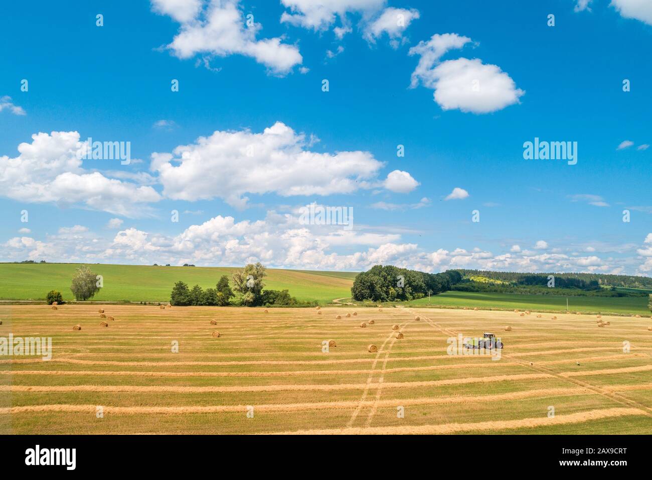 Harvesting wheat. Mowed wheat field. Baling straw Stock Photo - Alamy
