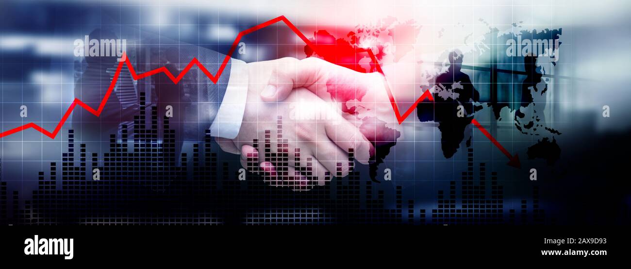Chart with red down arrow on abstract background. Falling growth in ...