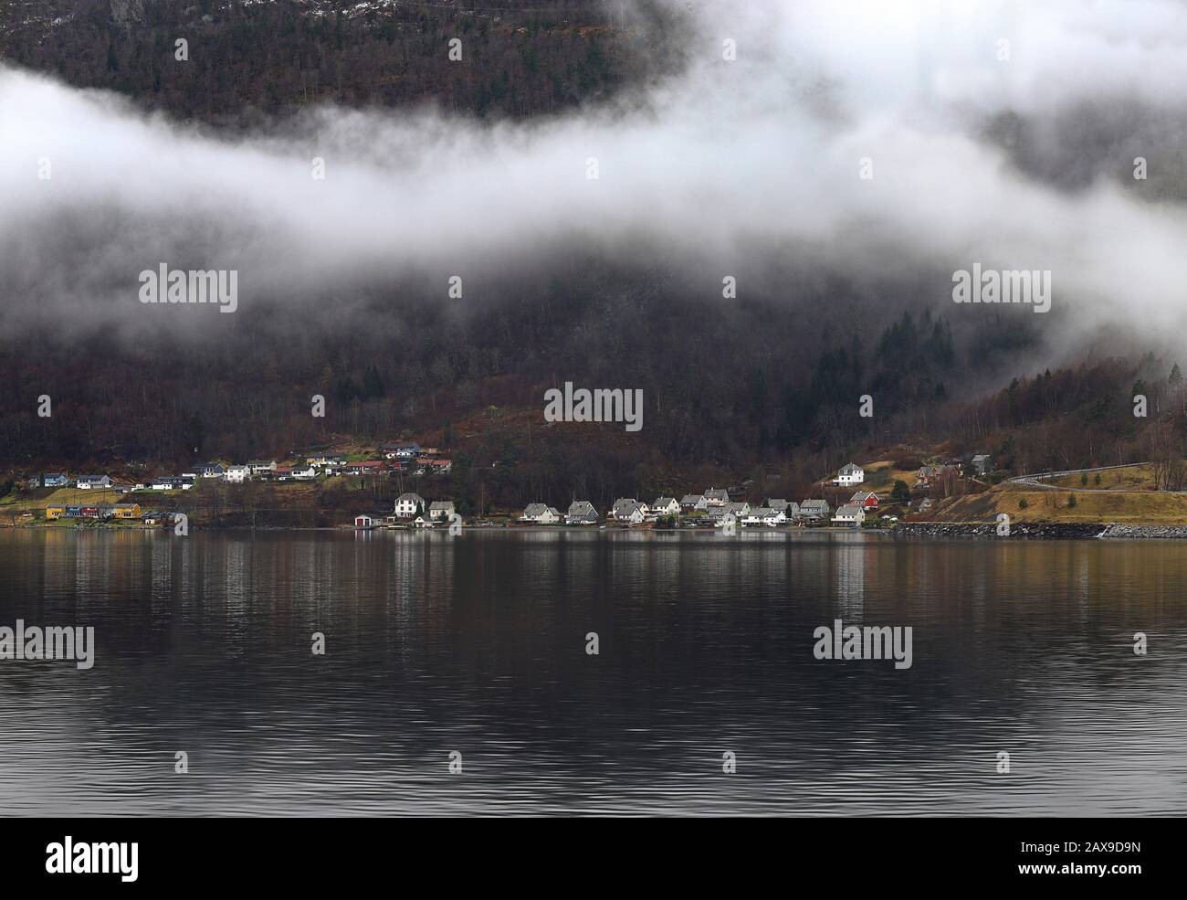 View of Ålvik village on coasts of Hardanger fjord, Hordaland county ...