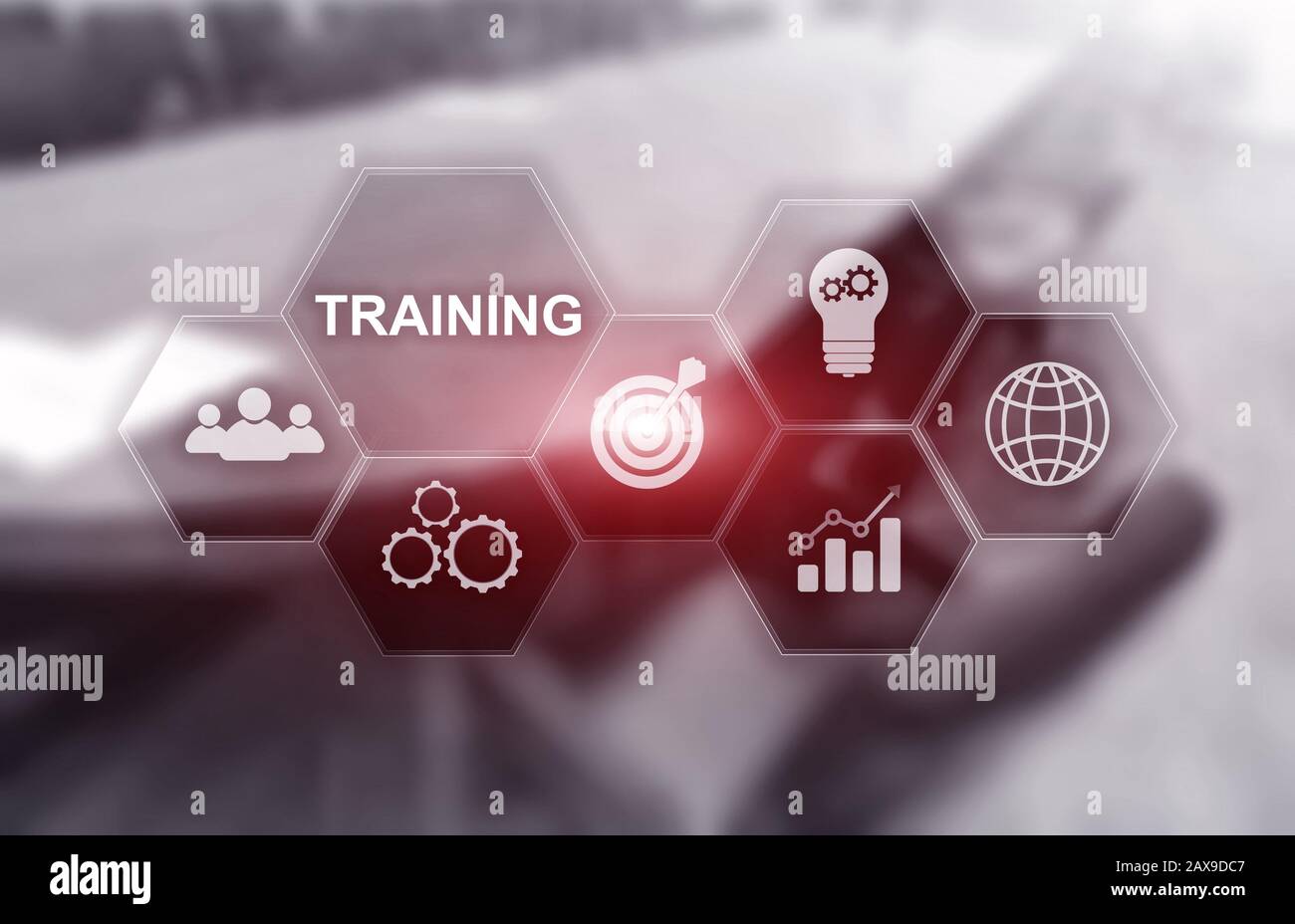 Training on virtual screen. Inscription on blurred office background ...