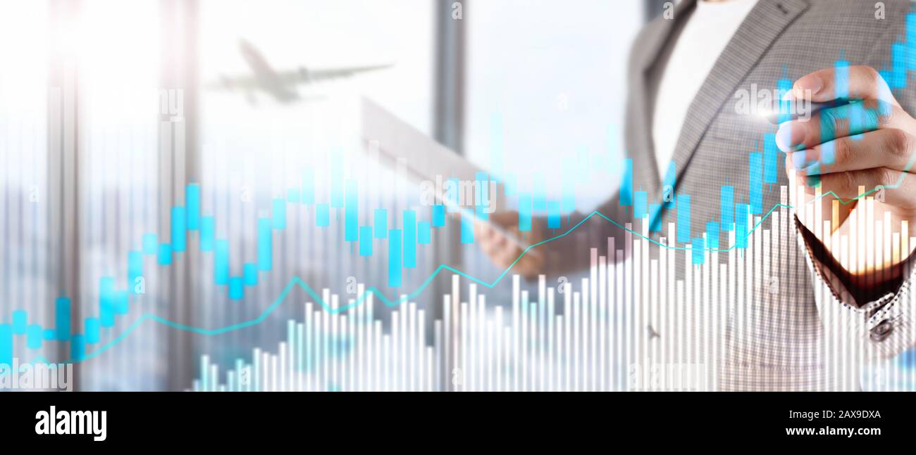 Stock trading candlestick chart and diagrams on blurred office center ...