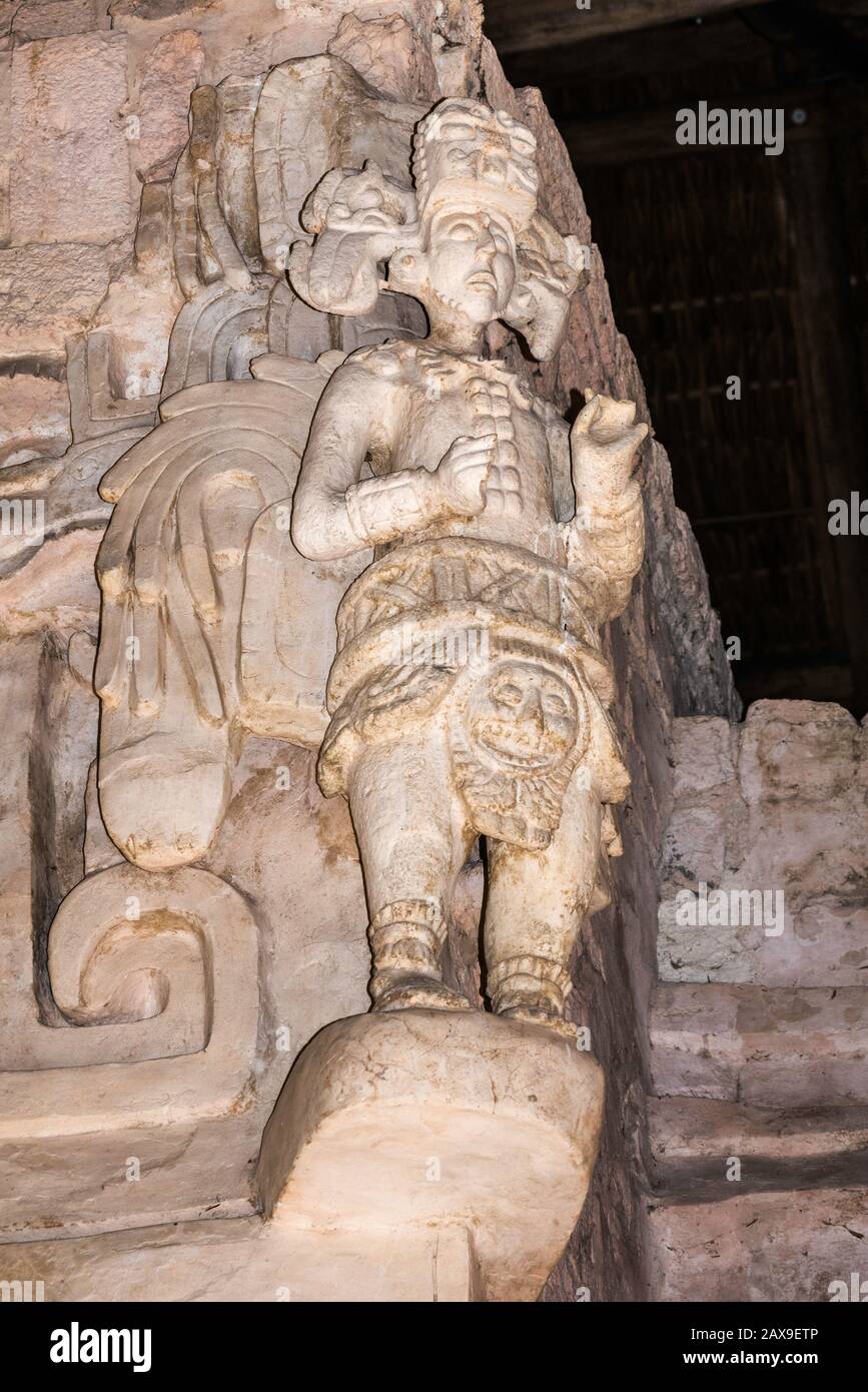 Winged Maya warrior figure, carved at Acropolis pyramid at Ek Balam ...