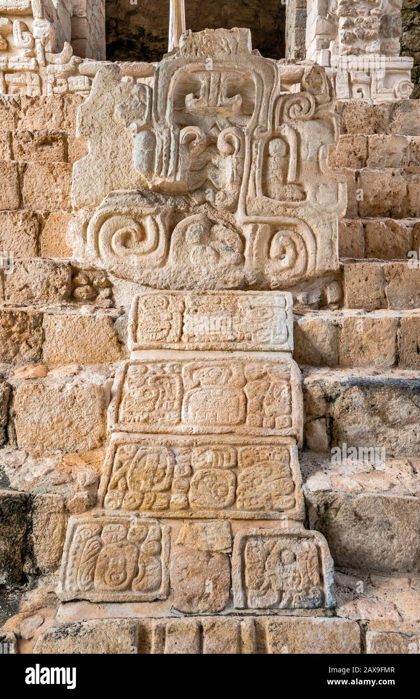 Head of serpent with Mayan hieroglyphs, low relief at Acropolis pyramid ...