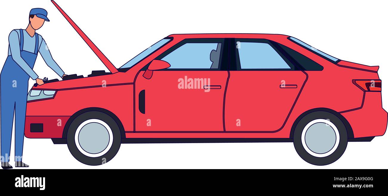 car mechanic fixing a red car, colorful design Stock Vector Image & Art ...