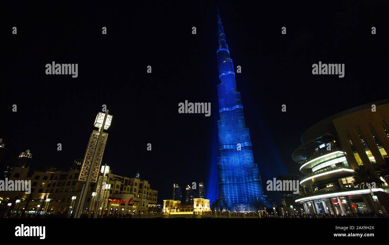 Burj Khalifa at night lit in blue for UAE National Day, Dubai, United ...