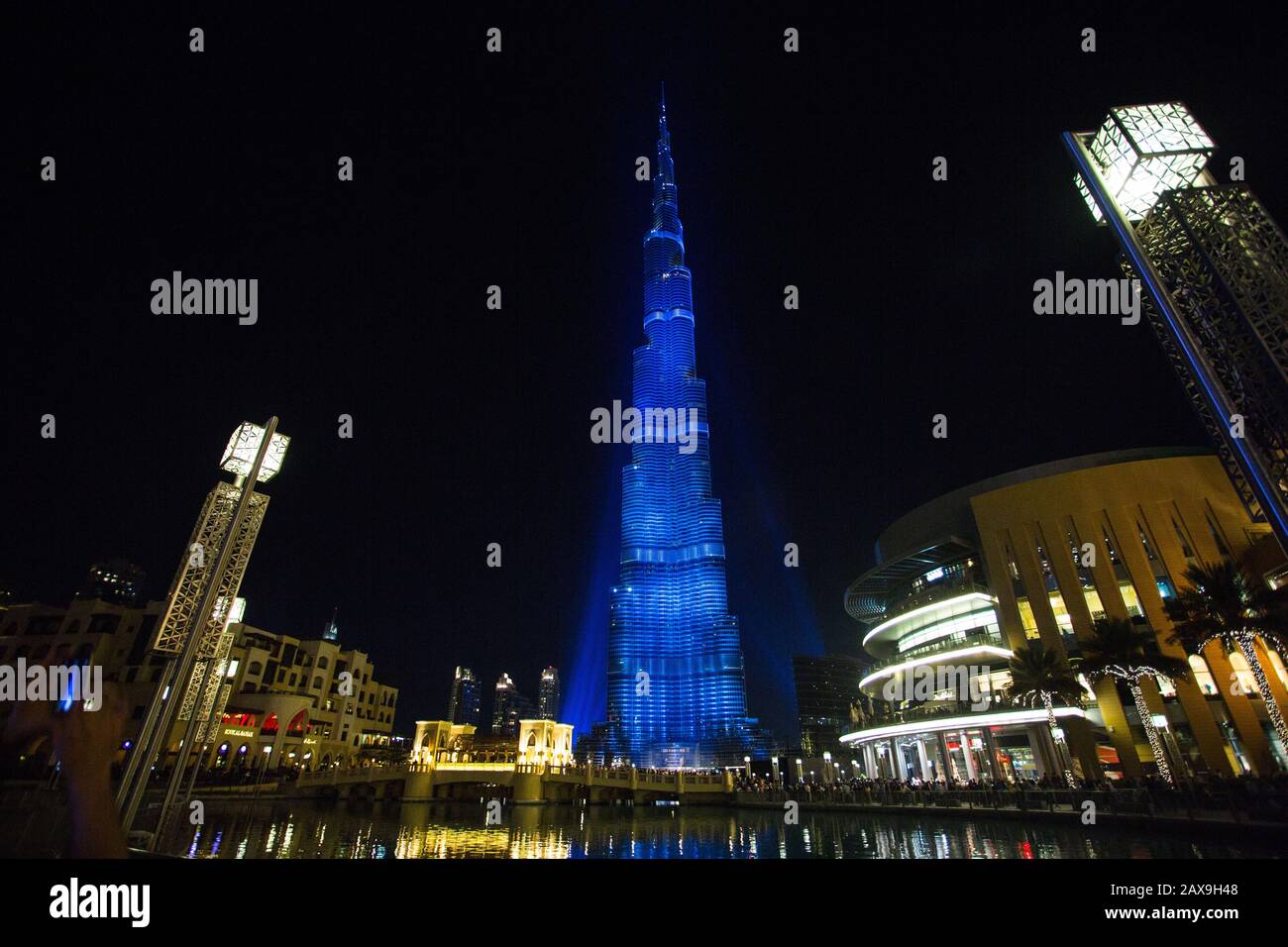 Burj Khalifa at night lit in blue for UAE National Day, Dubai, United ...