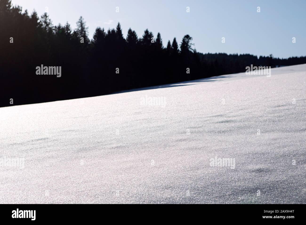 Sunlight on snow surface. Hillside slope covered with white snow on the ...