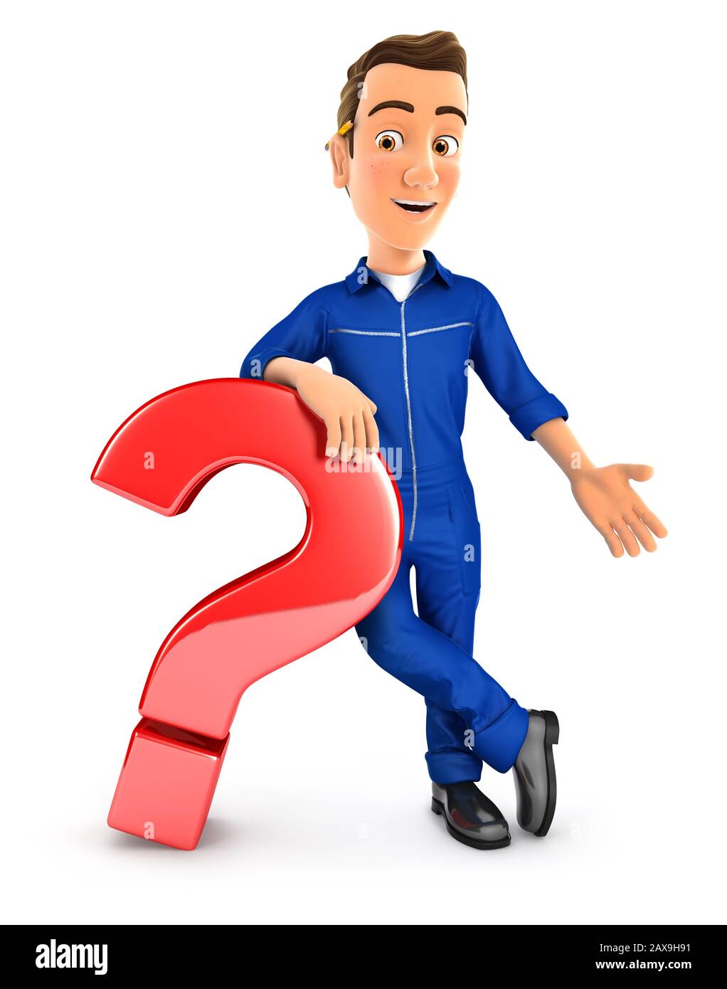 3d mechanic leaning against question mark, illustration with isolated ...