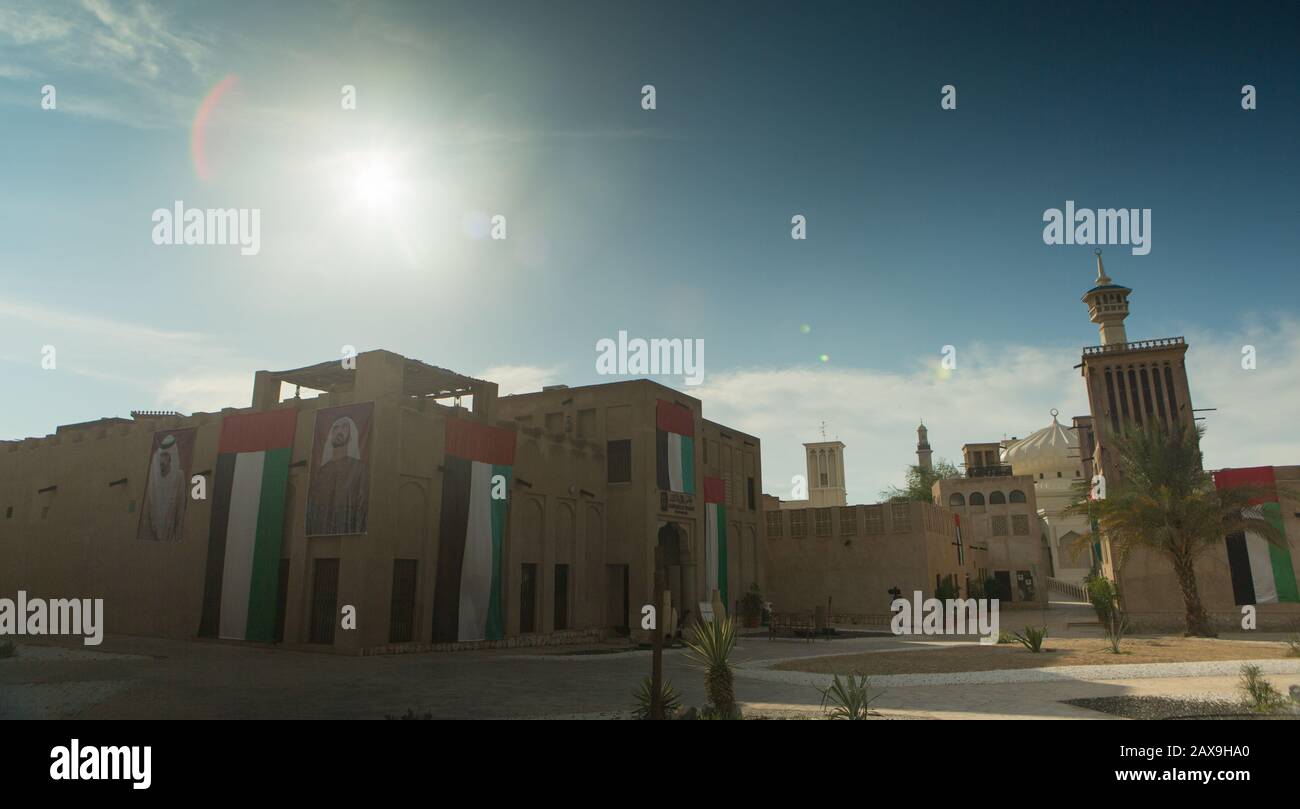 UAE National Day Flag on traditional Arab building in Al Bastakia ...