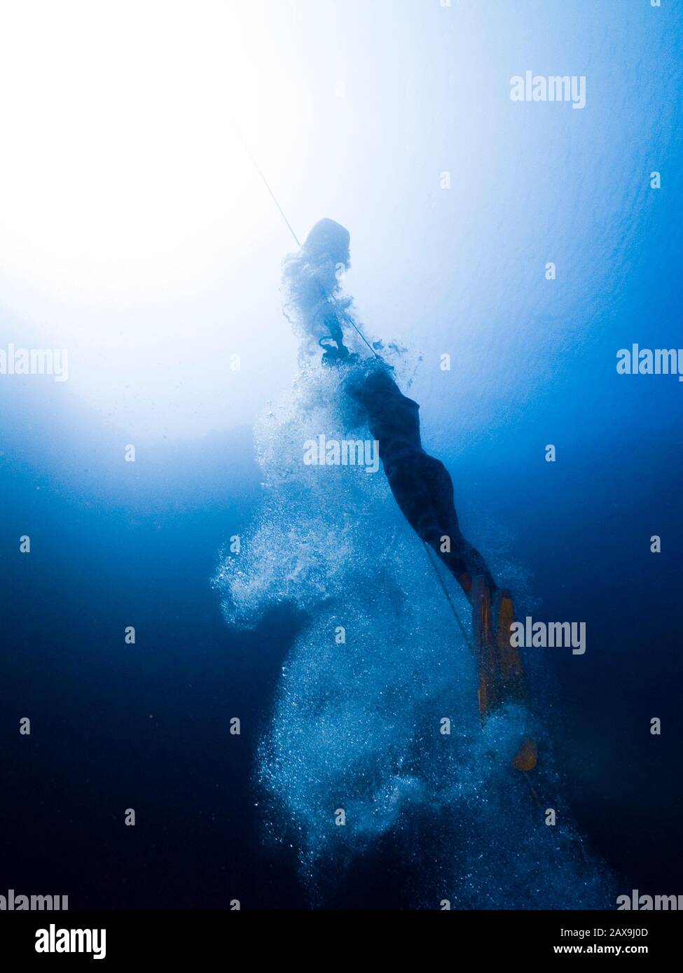 Swedish champion freediver Lotta Ericson ascends with a lift bag inside ...