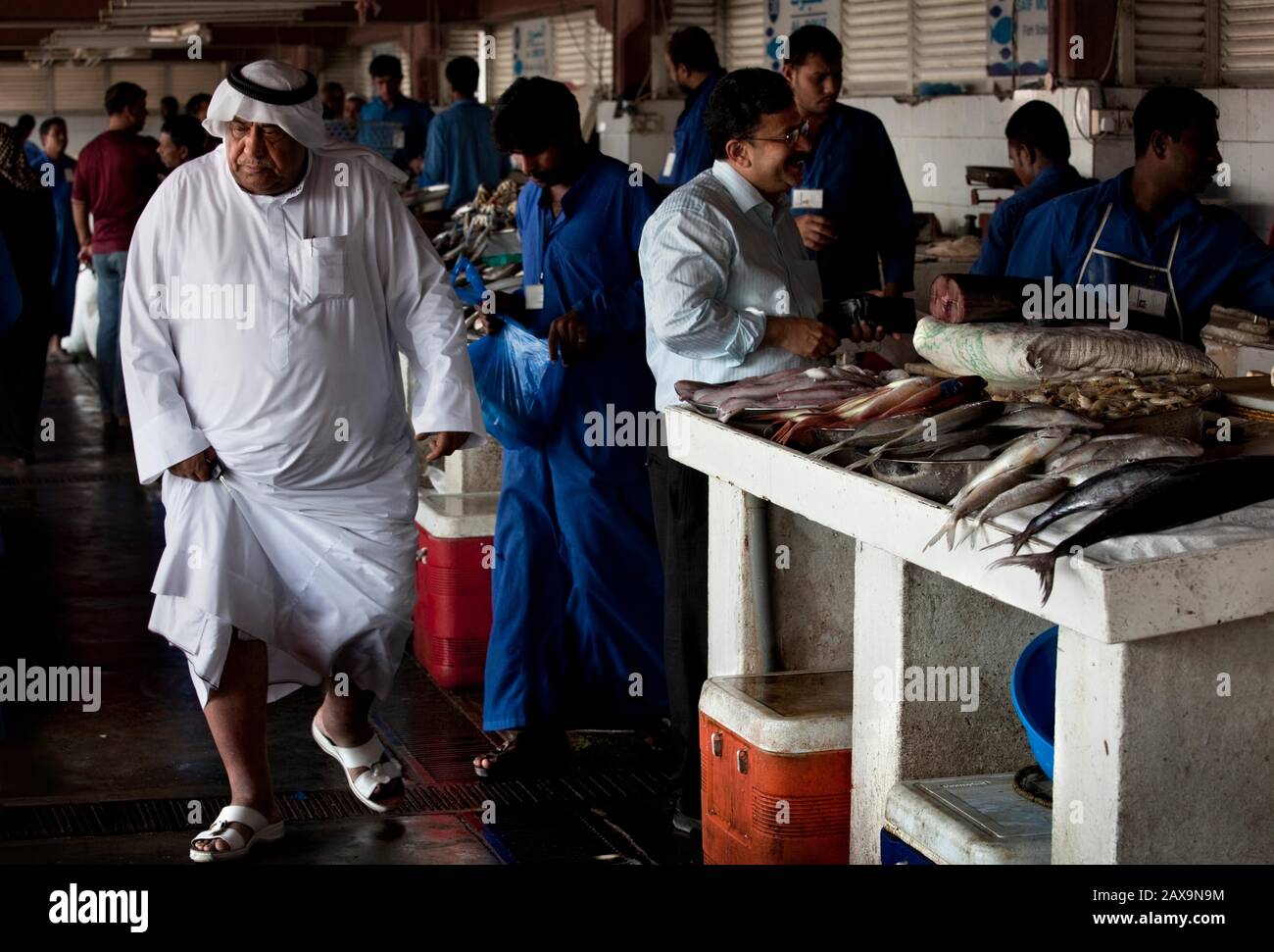 Arab Gentleman charging through the fish market in Sharjah, UAE Stock ...