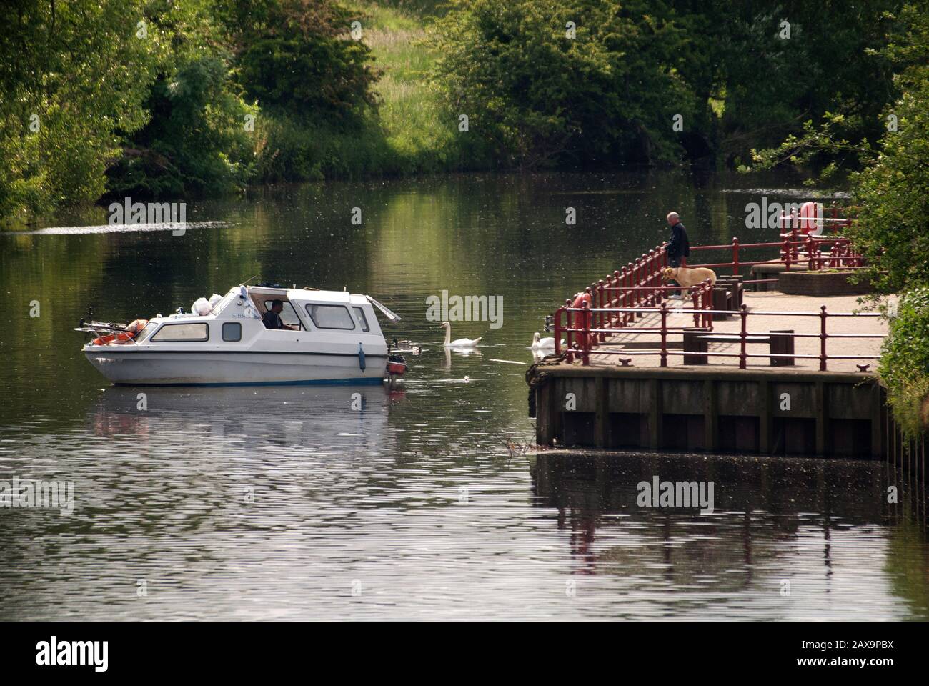 Pleasure boat and jetty on the River Tees,Yarm, North Yorkshire Stock ...