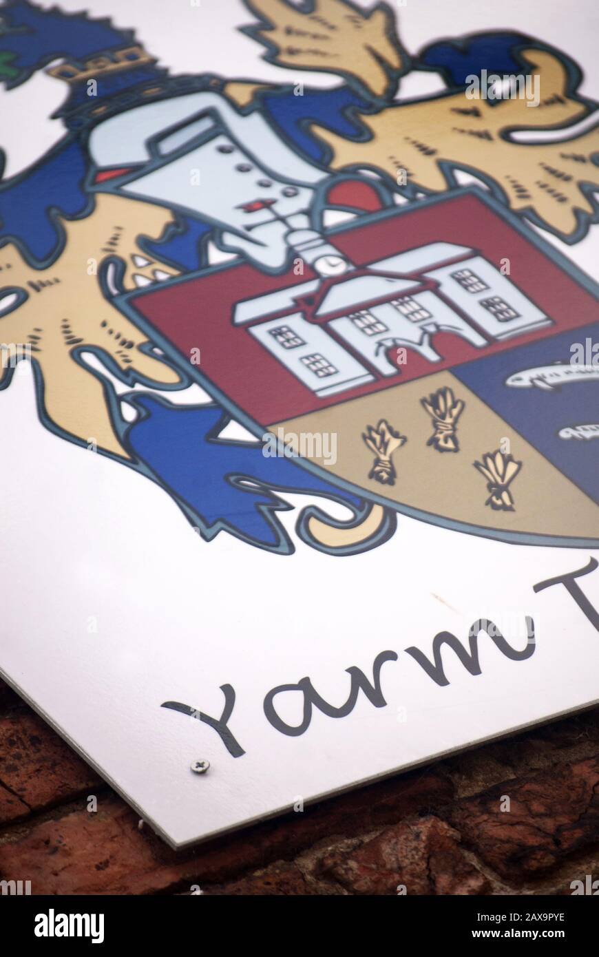 Town sign with coat of arms,Yarm, North Yorkshire Stock Photo - Alamy