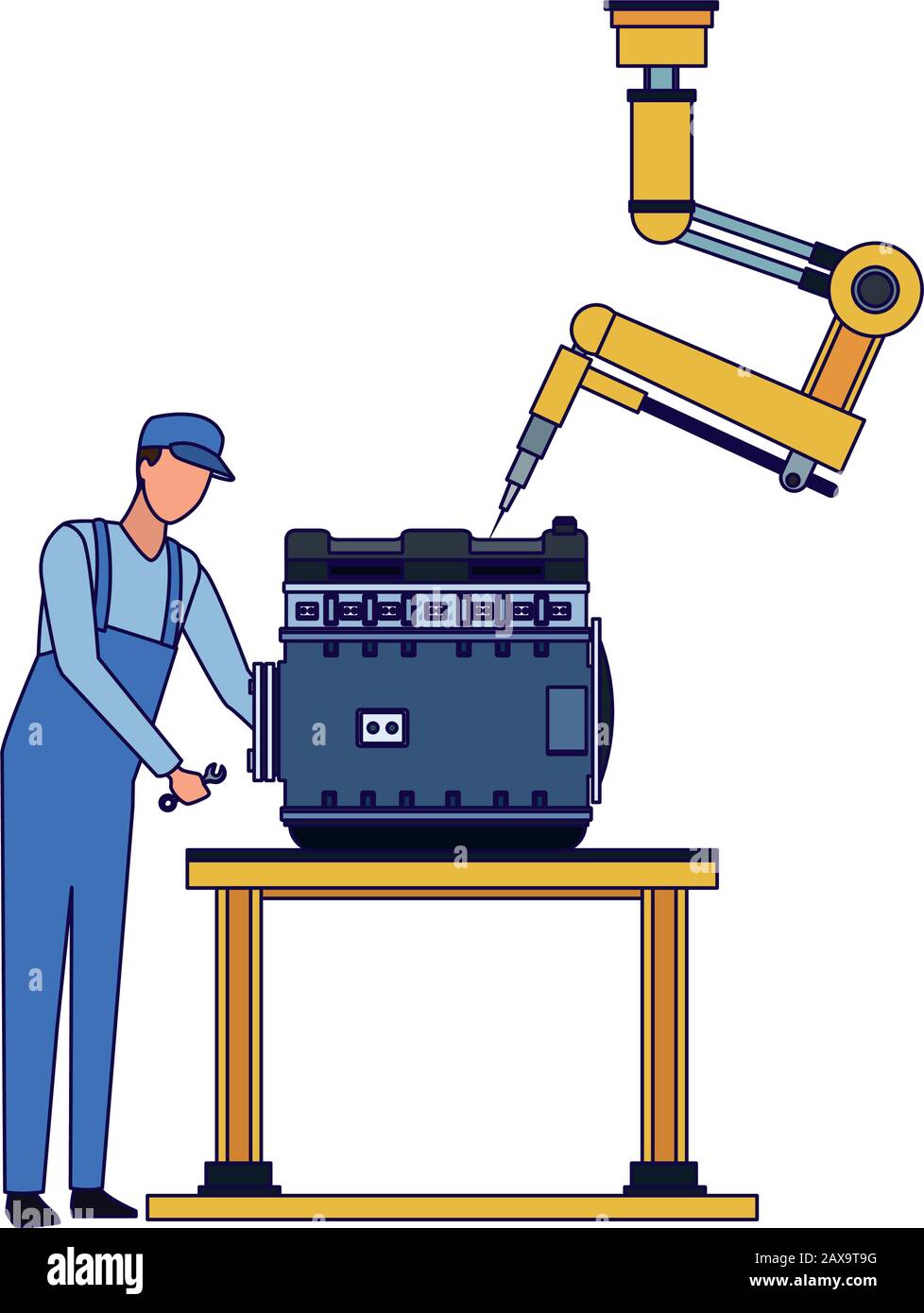 car mechanic and robotic arm fixing a car motor Stock Vector Image ...