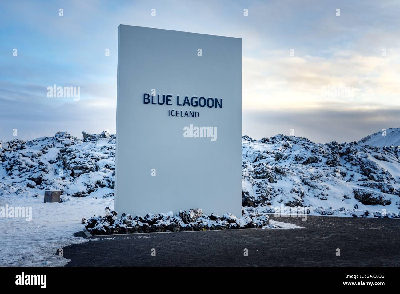 Blue Lagoon sign next to Reykjavik entrance of the natural hot spring ...