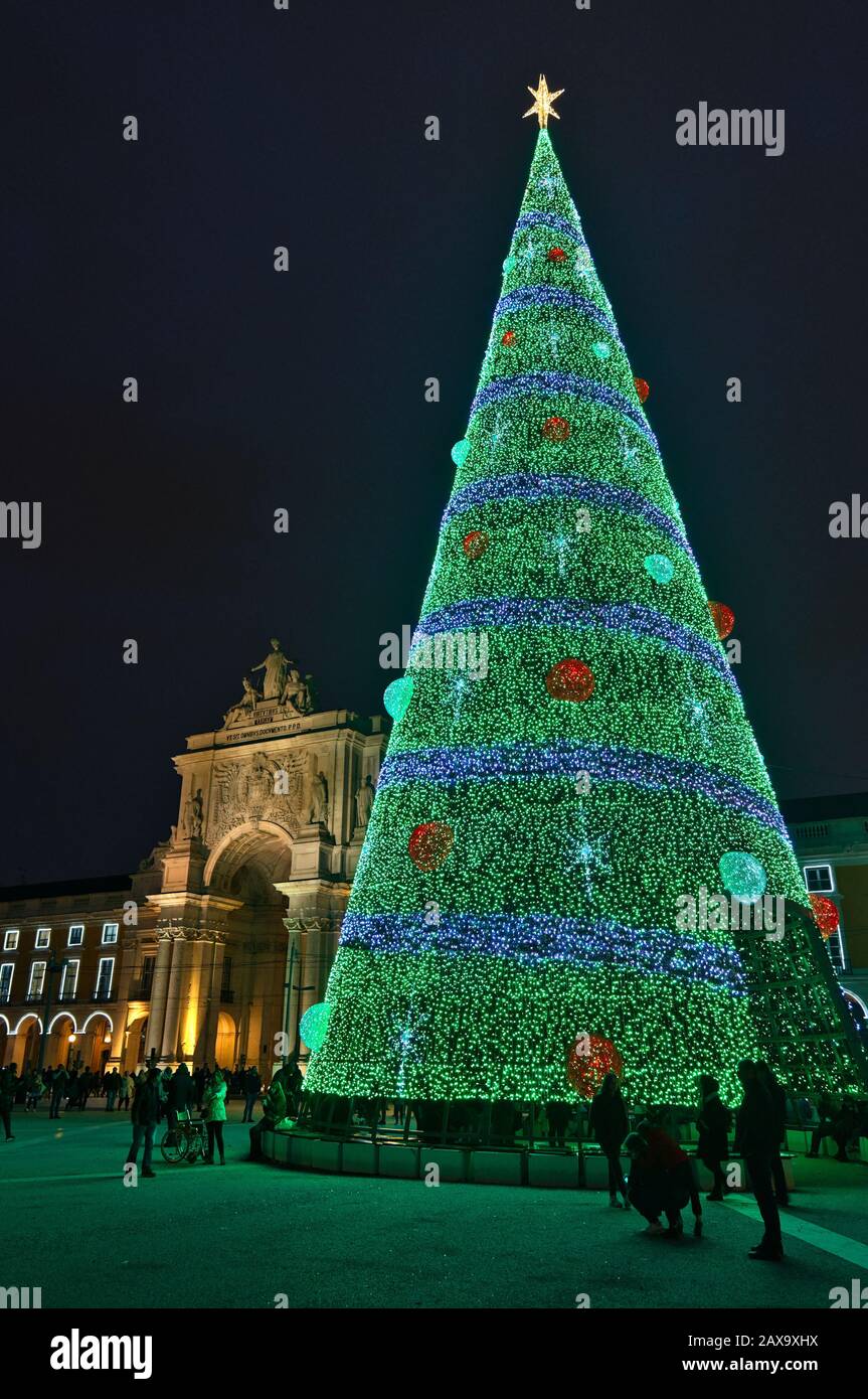 Giant Christmas tree in Terreiro do Paco at night. Lisbon, Portugal ...
