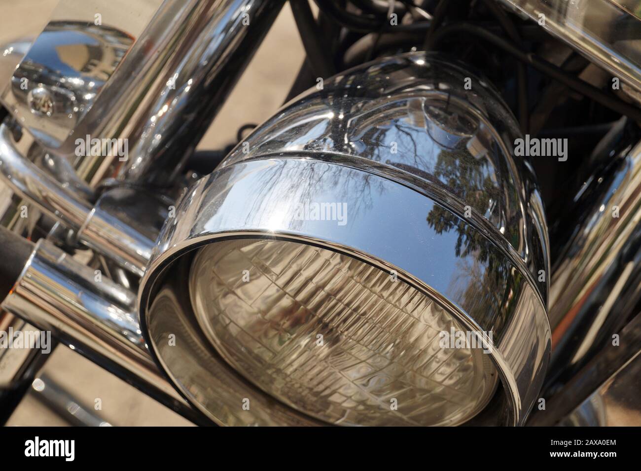 Motorcycle. Close-up on its front part: reflector Stock Photo - Alamy