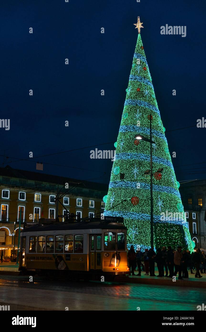 Giant Christmas tree in Terreiro do Paco at night. Lisbon, Portugal ...