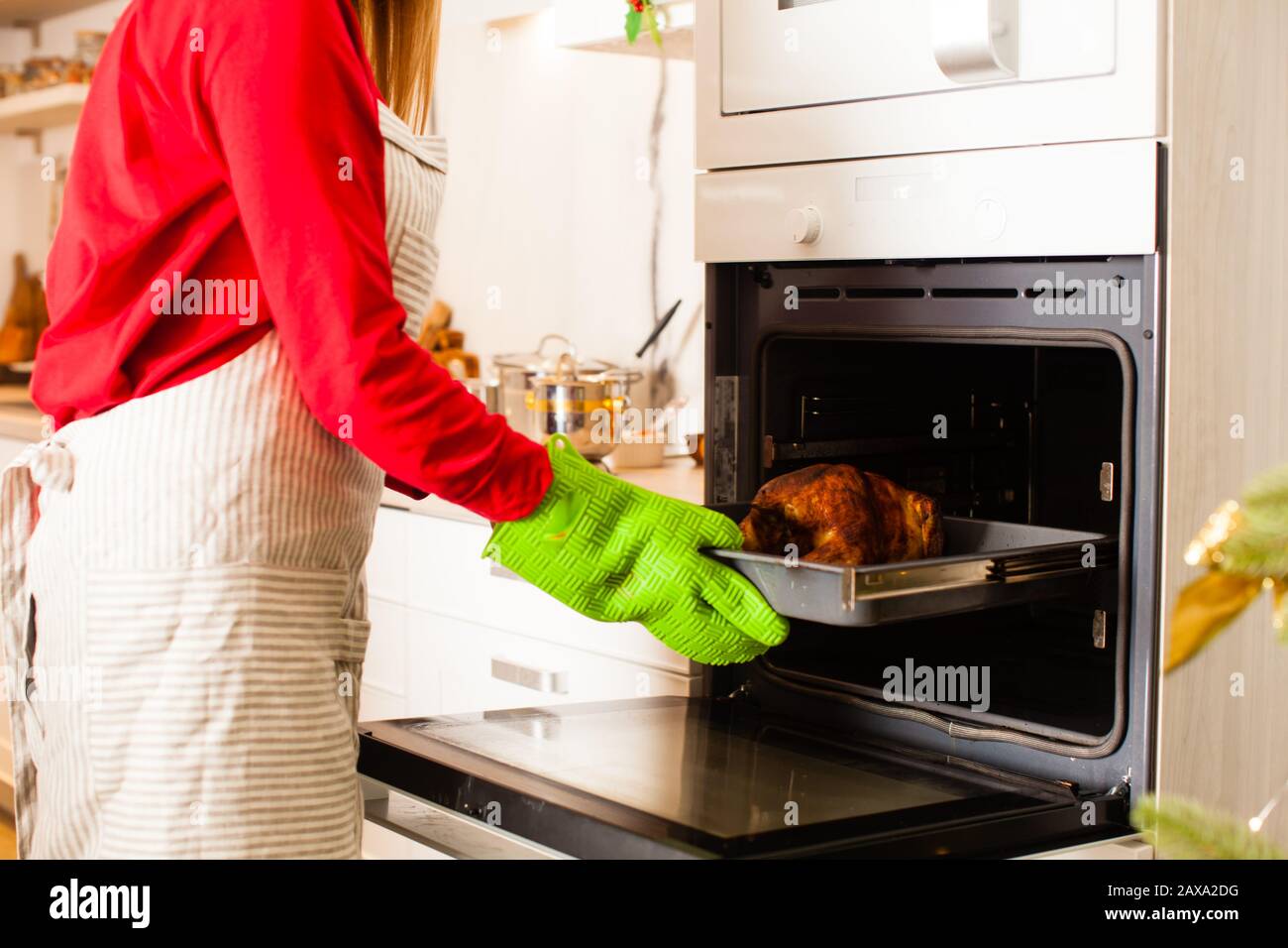 Happy woman cooking thanksgiving turkey at kitchen Stock Photo - Alamy