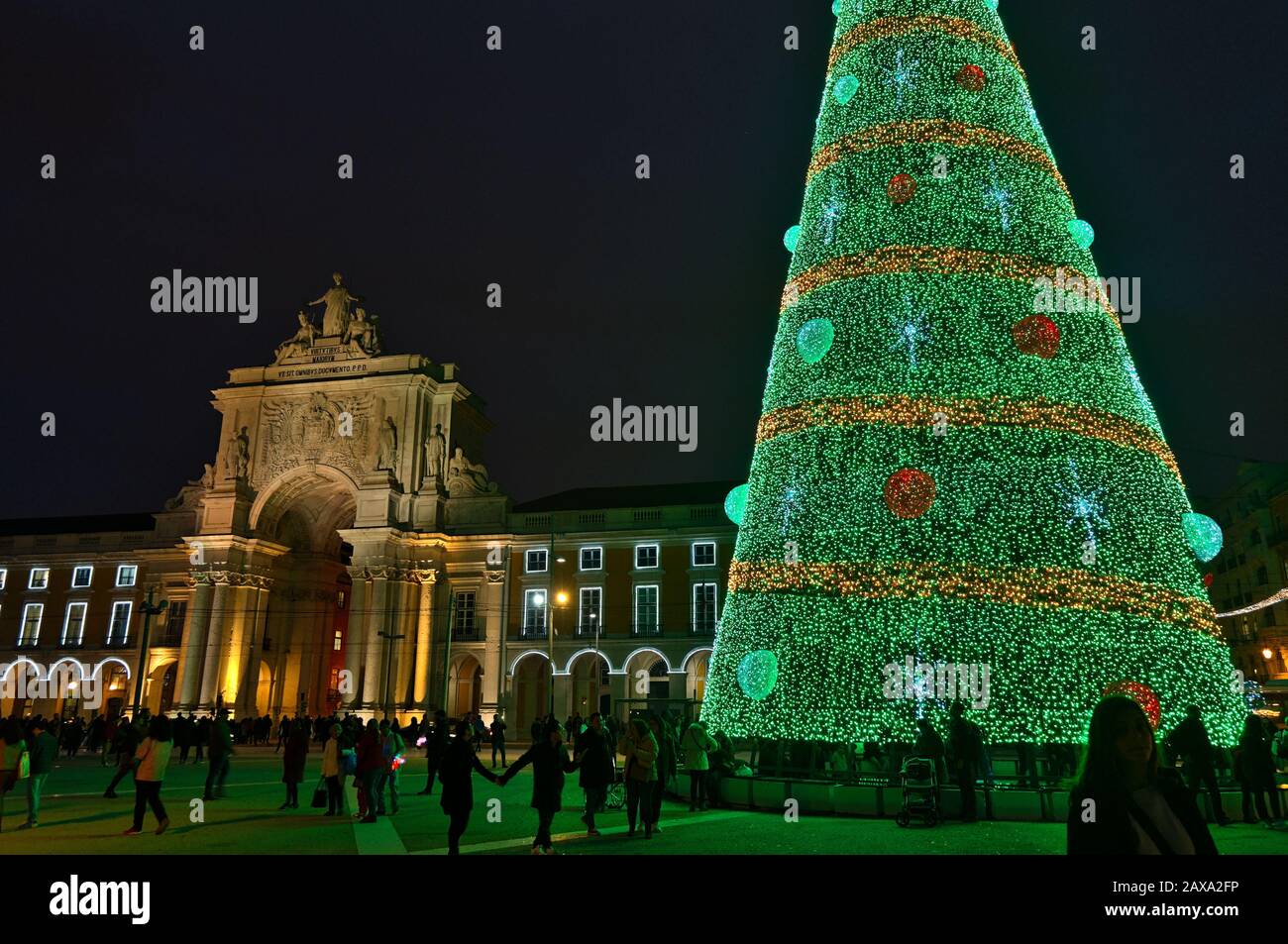 Giant Christmas tree in Terreiro do Paco at night. Lisbon, Portugal ...