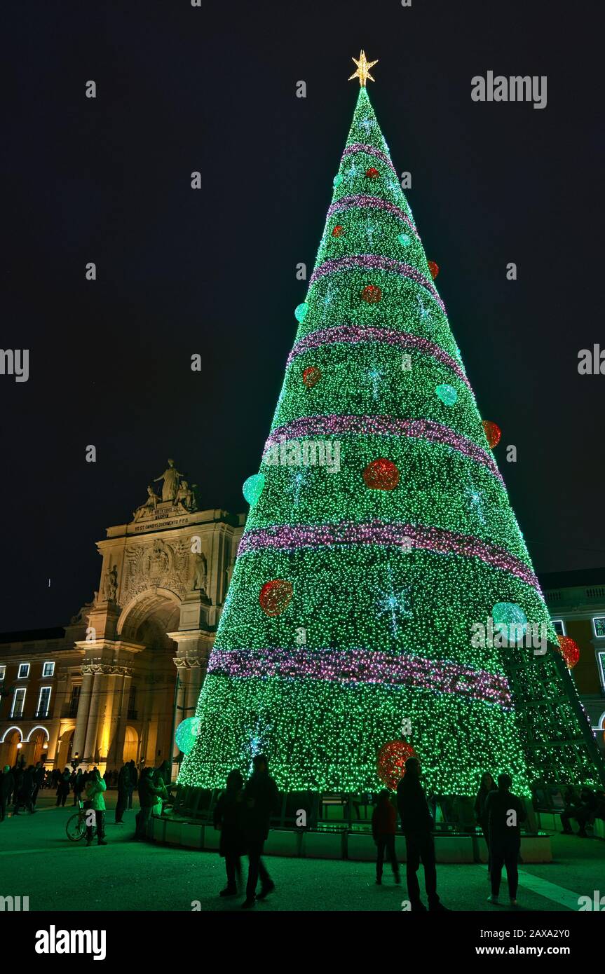Giant Christmas tree in Terreiro do Paco at night. Lisbon, Portugal ...