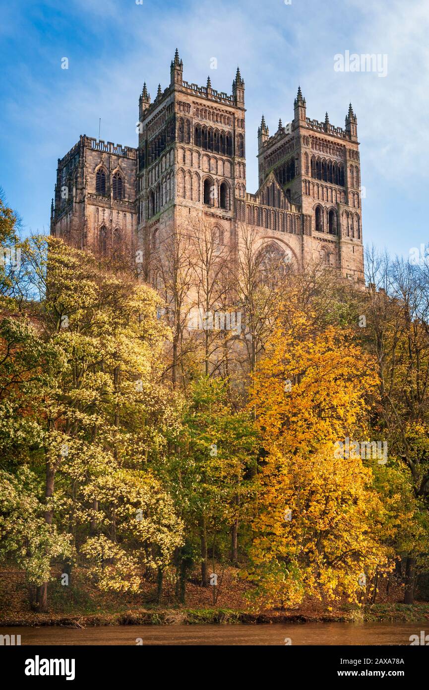Durham Cathedral towers above autumn / fall colours on the trees by the ...